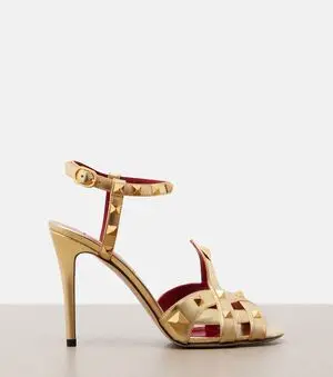 Valentino Garavani Studded Metallic Leather Sandals - Gold