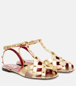 Valentino Garavani Studded Metallic Leather Sandals - Gold
