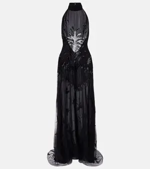 Blumarine Embellished Georgette And Lace Maxi Dress - Black