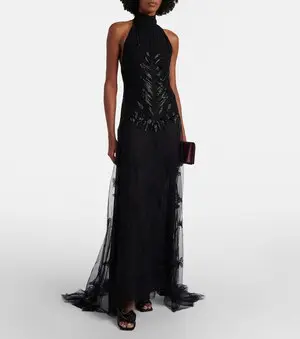Blumarine Embellished Georgette And Lace Maxi Dress