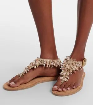 Balmain Embellished Suede Thong Sandals - Beige