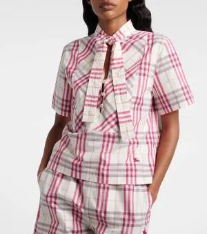Burberry Check Cotton Blouse With Self-tie Collar