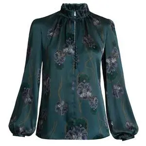 Santorelli Astrid Long Sleeve Ruffle-neck Printed Top