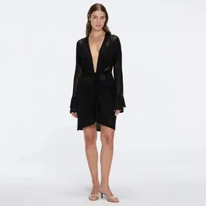 MOEVA Kenga Knitted Knee-length Long-sleeve Belted Kaftan Black