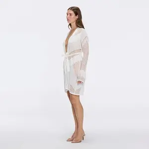 MOEVA Kenga Knitted Knee-length Long-sleeve Belted Kaftan - White