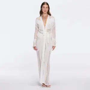 MOEVA Itzel Knitted Mesh Long-sleeve Kaftan - White