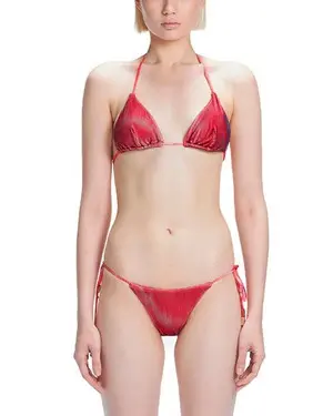 MOEVA Hermione Low Waist Bikini Bottom With 3d Printed Fabric And Side Ties - Red