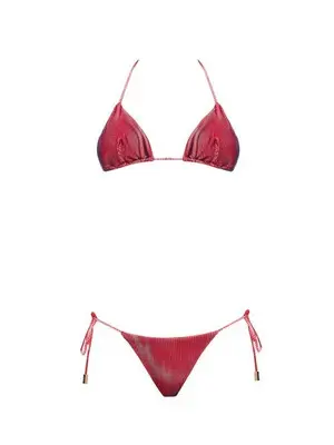 MOEVA Hermione Low Waist Bikini Bottom With 3d Printed Fabric And Side Ties - Red