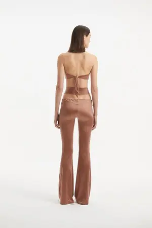 MOEVA Jenna High Waist Flared Cut-out Pants With Gold Accessory In Italian Satin