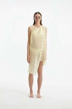 MOEVA Adora Sheer Asymmetric Cover-up With Shell Gold Button Details