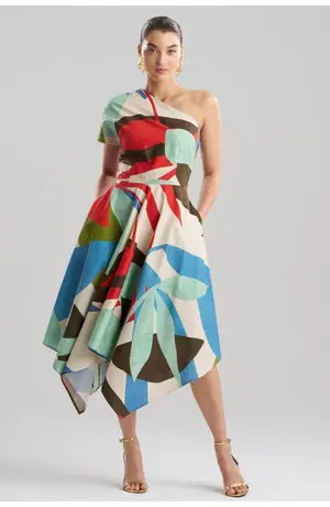 Natori Abstract Palm One Shoulder Handkerchief Hem Dress - Multi