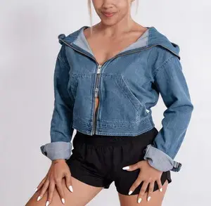 LAS LOUNGEWEAR Cropped Jacket With Zippered Sleeves And Hood - Denim