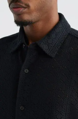 OPEN EDIT Boxy Lace Short Sleeve Button-up Shirt - Black