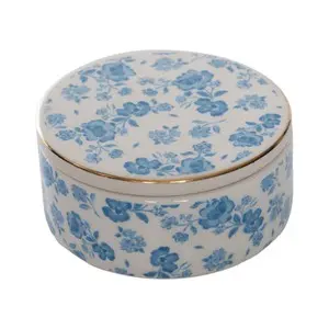 TOTALEE GIFT Floral Ring Dish With Lid Ceramic - Blue