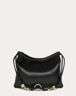 AIMEE Tie Breaker Woven Shoulder Bag With Stone Accents - Black