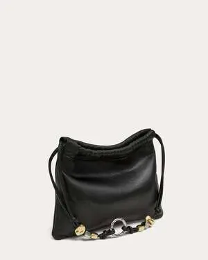 AIMEE Tie Breaker Woven Shoulder Bag With Stone Accents - Black
