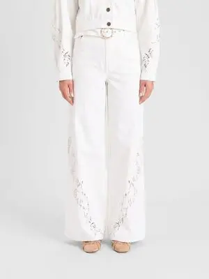 TWINSET Cotton High Waisted Trousers With Lace Inserts - White