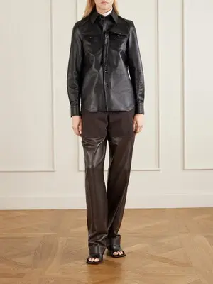 Bottega Veneta Leather-trimmed Cotton Straight-leg Pants - Brown