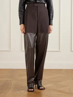 Bottega Veneta Leather-trimmed Cotton Straight-leg Pants - Brown