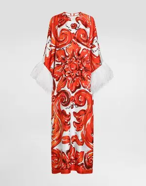 Dolce & Gabbana Majolica-print Kaftan Dress With Feather Embellishments - Multicolor