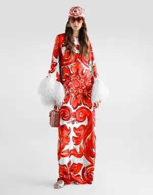 Dolce & Gabbana Majolica-print Kaftan Dress With Feather Embellishments