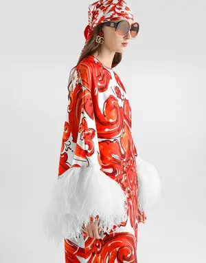 Dolce & Gabbana Majolica-print Kaftan Dress With Feather Embellishments