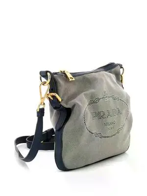 Prada Logo Messenger Bag Canvas With Leather - Blue