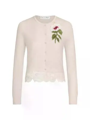 Oscar De La Renta Chiné Hibiscus Threadwork Cropped Cardigan