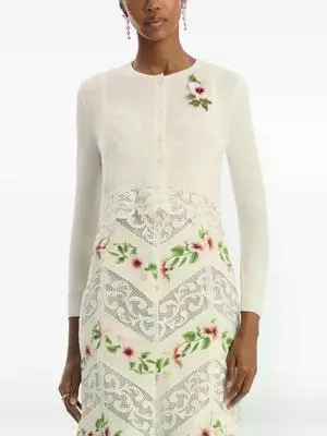 Oscar De La Renta Chiné Hibiscus Threadwork Cropped Cardigan