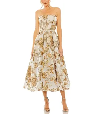Mac Duggal Strapless Brocade Midi Dress With Pockets - Bronze