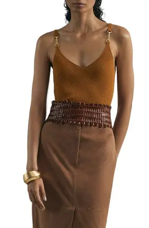 REISS Cara Ribbed Silk Blend V-neck Sweater Tank With Horsebit Hardware - Rust