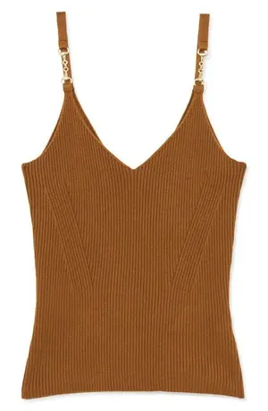 REISS Cara Ribbed Silk Blend V-neck Sweater Tank With Horsebit Hardware - Rust