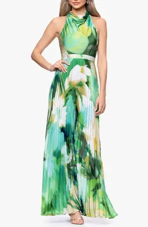 Betsy & Adam Floral Print Pleated Halter Maxi Dress