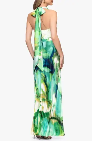 Betsy & Adam Floral Print Pleated Halter Maxi Dress