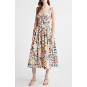 Moon River Postcard Print Cotton Midi Dress