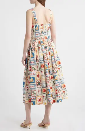Moon River Postcard Print Cotton Midi Dress