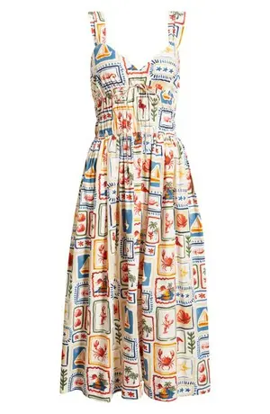 Moon River Postcard Print Cotton Midi Dress