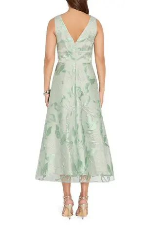 TAHARI ASL Metallic Embroidered V-neck Midi Dress