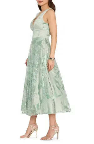 TAHARI ASL Metallic Embroidered V-neck Midi Dress