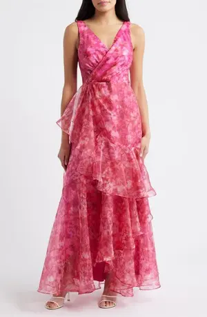 Eliza J Sleeveless Floral Ruffle Evening Gown