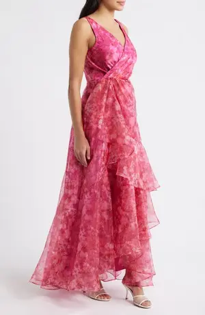 Eliza J Sleeveless Floral Ruffle Evening Gown