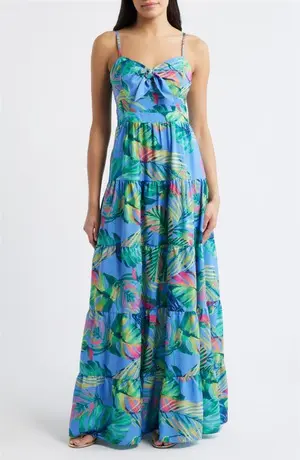 Eliza J Tropical Print Sweetheart Neck Tie Front Tiered Maxi Dress - Blue  Multi | Editorialist