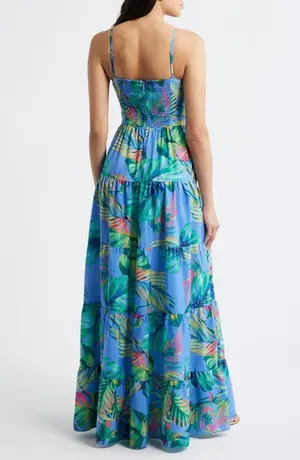 Eliza J Tropical Print Sweetheart Neck Tie Front Tiered Maxi Dress