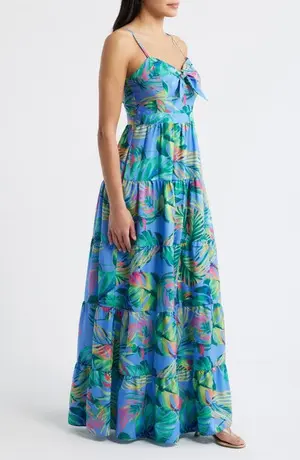 Eliza J Tropical Print Sweetheart Neck Tie Front Tiered Maxi Dress