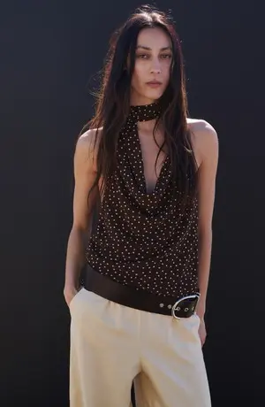 Mango Polka Dot Cowl Neck Sleeveless Top - Brown