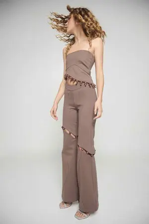 ZIERRA LEONA Silente Pant Embellished Wide Leg Trousers - Brown