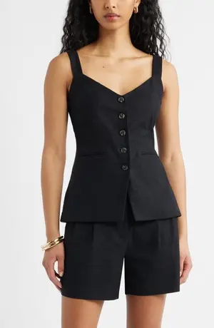 OPEN EDIT Button Front Linen Blend Tank - Black