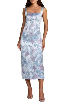 Mac Duggal Brocade Sleeveless Square Neck Midi Dress - Blue Multi