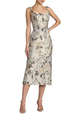 Mac Duggal Brocade Sleeveless Square Neck Midi Dress - Blue Multi