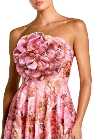 Mac Duggal Strapless Floral Organza Gown With 3d Flower Detail